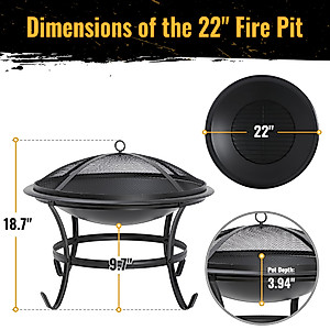 LEMY 22 Inch Outdoor Firepit Wood Burning BBQ Grill Steel Firepit Bowl for Patio Backyard Garden Camping Picnic Bonfire w/Spark Screen Cover, Log Grate, Fire Poker