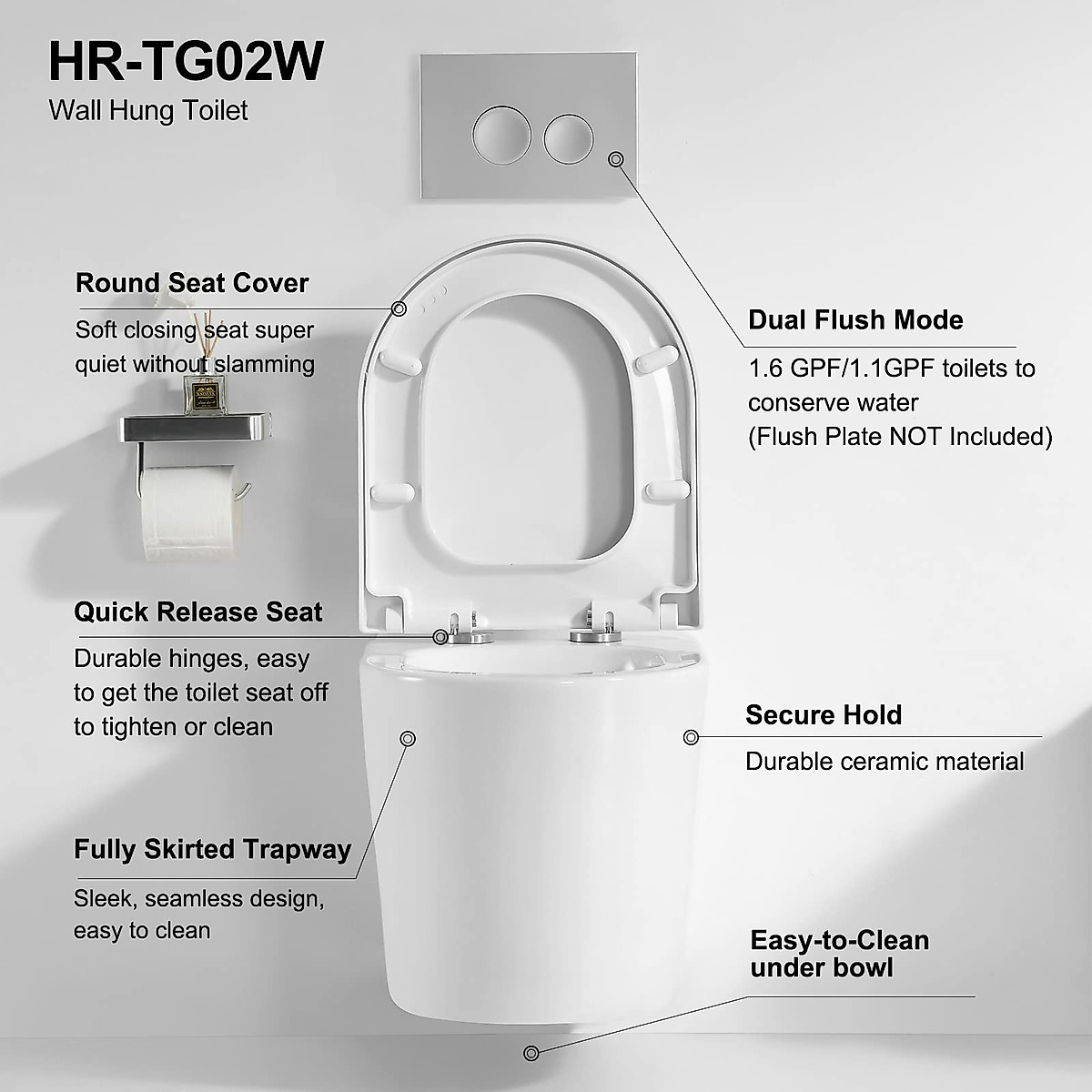 HOROW Wall Hung Toilet HR-TG02W, Compact Wall Mounted Toilet with Soft Closing Seat, 1.6 GPF/1.1 GPF Dual Flush Ceramic Round Wall Toilet for Bathroom, White Toilet Bowl