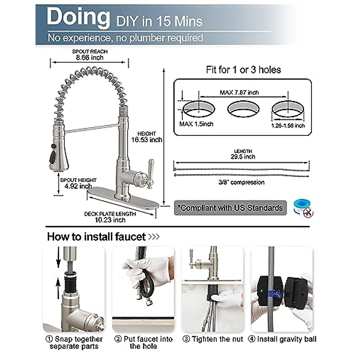 HOIGY Brushed Nickel Pull Down Kitchen Faucet and Bathroom Sink Faucet Set, 3-Function Pull-Out Kitchen Faucets with Deck Plate, 3 Hole Widespread Bathroom Sink Faucet with Pop-up Drain