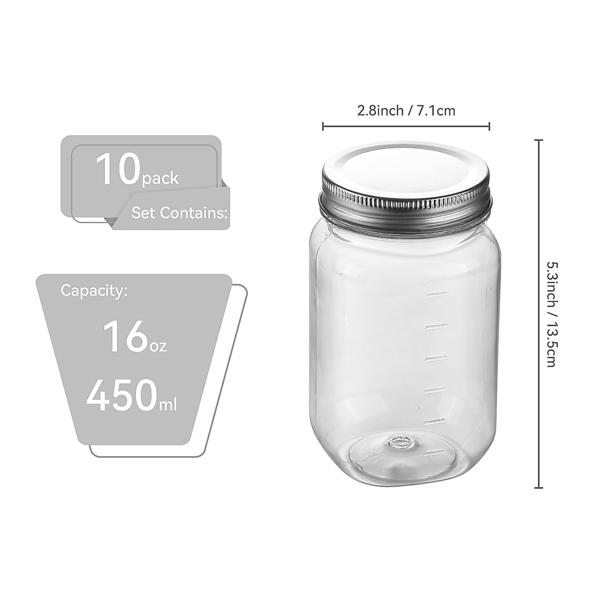 Party Club of America 10 Pack 16OZ Sliver Plastic Jars With Screw On Lids，Plastic Mason Jars Food Storage Container For Storing Dry Food, Candy, Cream,Peanut, Butter