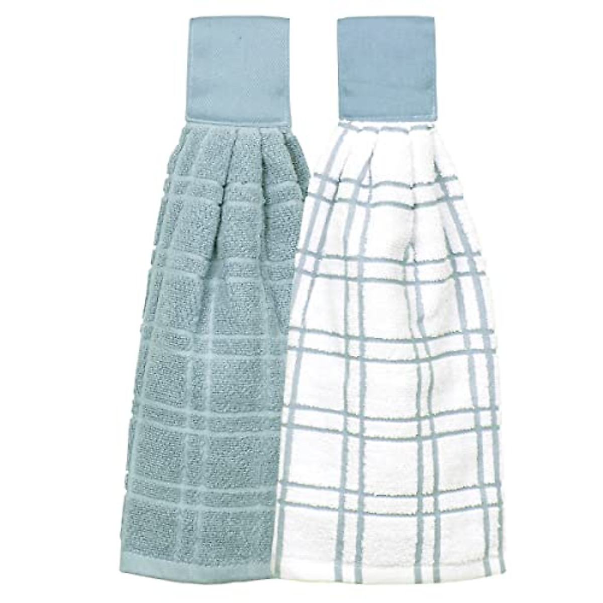 Ritz Premium 100% Cotton Solid and Multi Check Kitchen Tie Towel, Absorbent, Super Soft, and Fast Drying Hang Towel, Set of Two, Dew