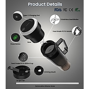 Portable Blender, 300W Blender for Smoothies and Shakes, 22 oz Smoothie Blender with 6 Blades, BPA Free, USB-C Rechargeable, Handle and Straw Lid, Mini Travel Blender for Anywhere, Black