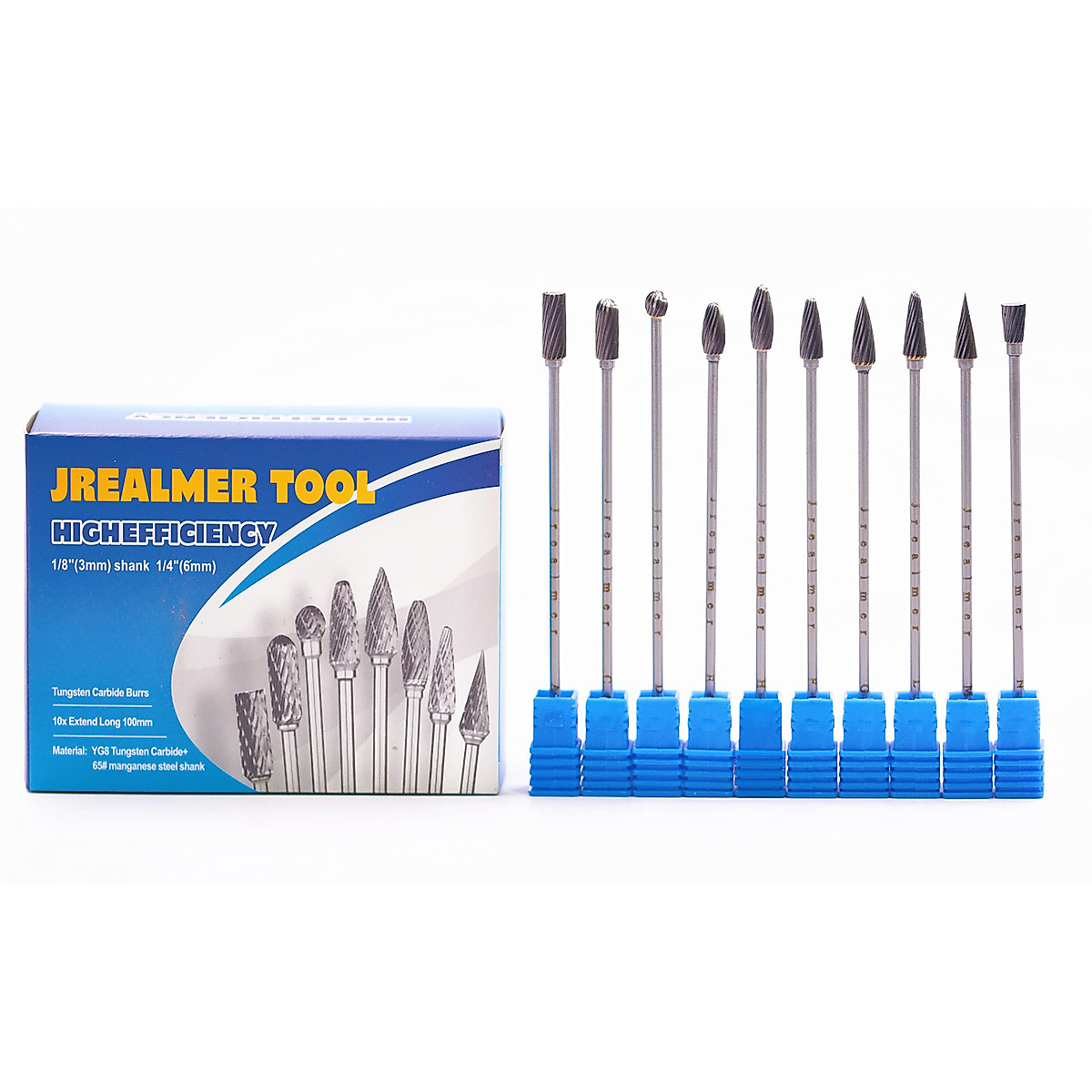 Jrealmer 10pcs 1/8" Shank Extend Long Head 4"(100mm) Tungsten Carbide Burr Rotary Burrs for Die Grinder