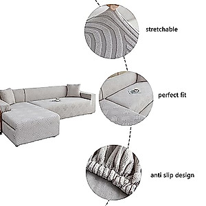 GUYIRT Jacquard Pattern Sectional Couch Cover, Solid Color Washable L Shape Sofa Covers, 2 Pieces Couch Slip Cover for Kids Pet Cat-Blue-2 Seater+4 Seater