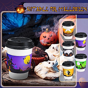 150 Pcs 12 oz Halloween Disposable Coffee Cups with Lids and Coffee Cup Sleeves Paper Hot Coffee Cups Dome Lids and Coffee Cup Tea Cup Sleeves for Halloween Party Decoration Supplies (Horror Pattern)