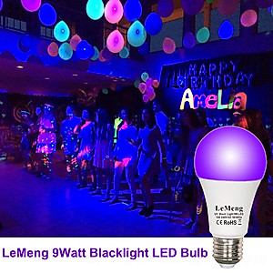 LEMENG LED Black Lights Bulb 9W Blacklight A19(75Watt Equivalent), E26 Medium Base 120V, UVA Level 395-400nm, Glow in The Dark for Blacklights Party, Body Paint, Fluorescent Poster- 3 Pack
