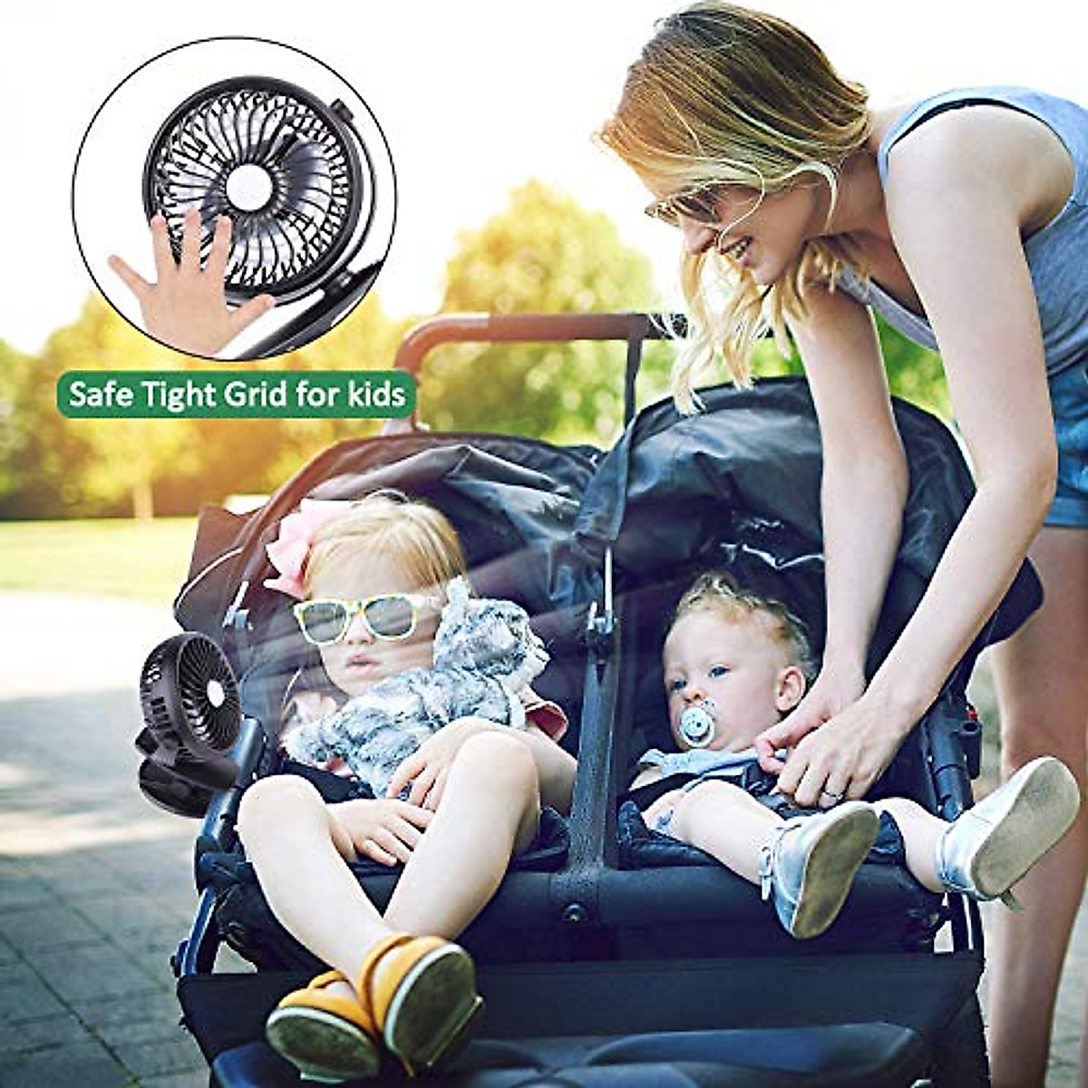 AJOYEUX Battery Operated Clip on Fan, Portable Rechargeable USB Personal Fan 3 In 1 with hook and LED for camping, stroller, car seat, office