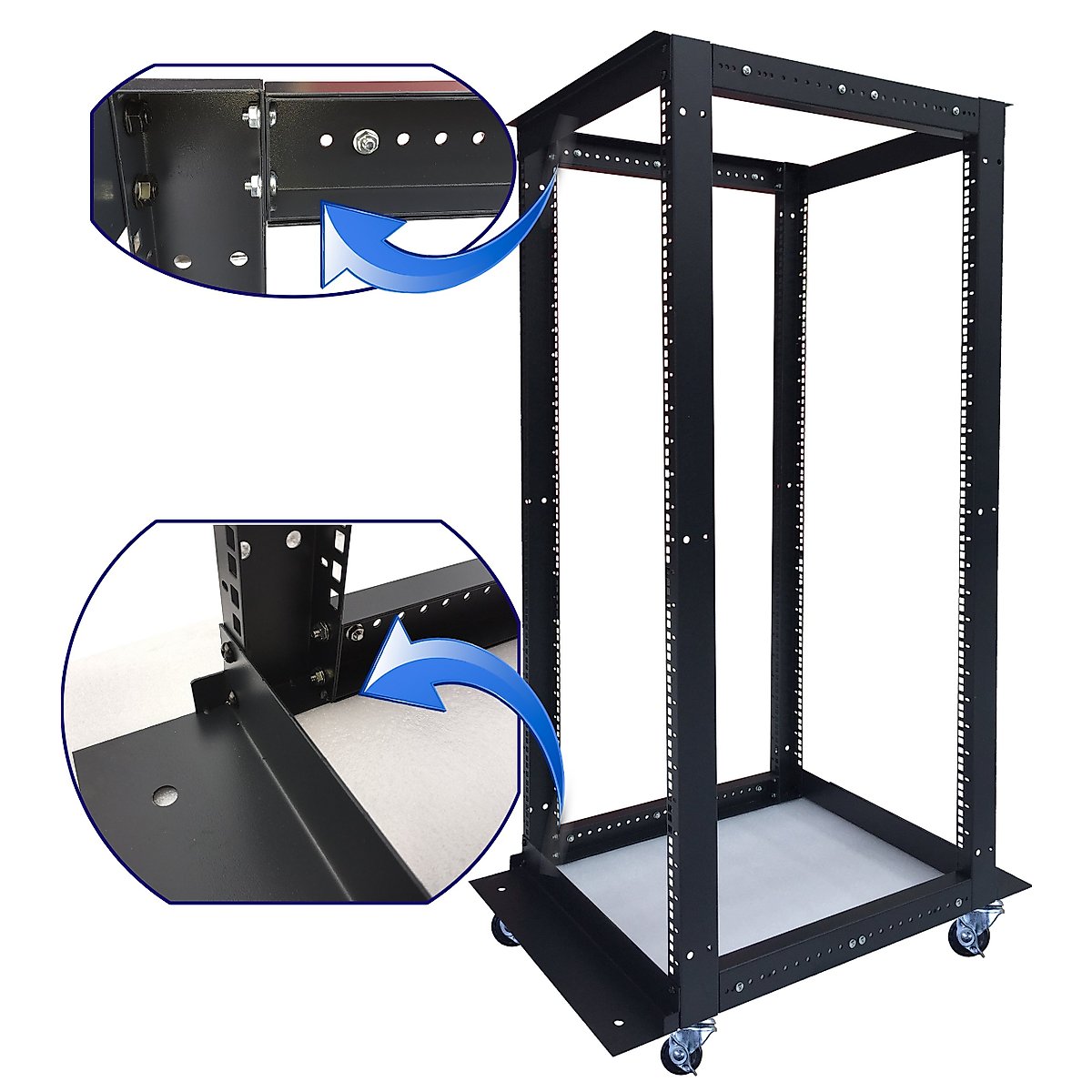 Sysracks 4 Post Open Frame Server Rack Mobile Relay with Wheels Casters for 19" Network Server AV IT Equipment Gear Rack Cabinet Adjustable Depth 24"-37" (22U)