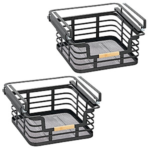 mDesign Metal Wire Under Shelf Storage Baskets for Kitchen Pantry, Closet, Hanging Pull Out Shelving Bin, Sliding Hanger Racks for Bread, Canned Goods, Condiments, Food, 2 Pack, Matte Black/Natural