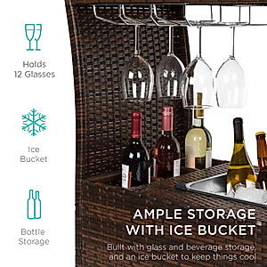 Best Choice Products Outdoor Rolling Wicker Bar Cart w/Removable Ice Bucket, Glass Countertop, Wine Glass Holders, Storage Compartments - Brown