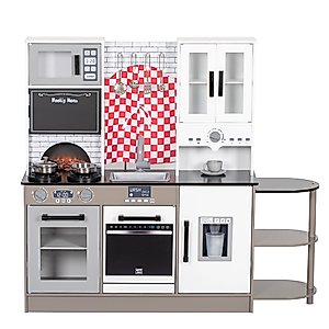 BRINJOY Kids Kitchen Playset, Wooden Toddler Kitchen Set w/Curtains, Coffee Maker, Storage Shelf, Stove,Sink, Utensils, Light & Sound, Kids Pretend Play Kitchen Toy Gift for Girls Boys (3-Stage)