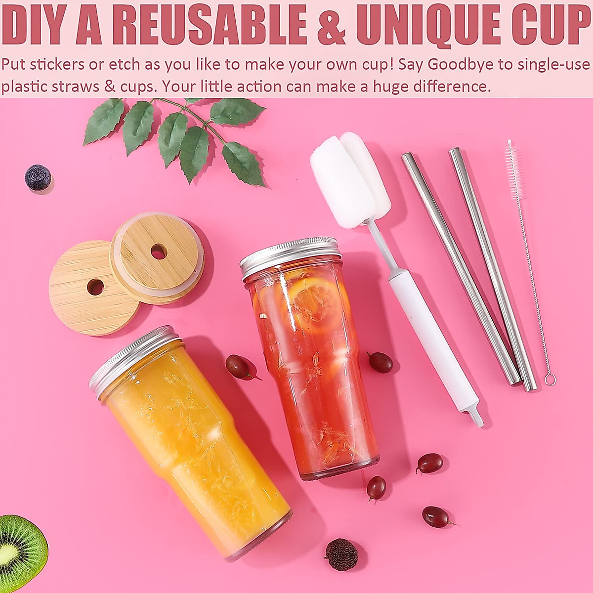 ASANMEYO 2 Pcs 24 oz Glass Cups With Bamboo Lids and Straws & 2 Airtight Lids, Reusable Smoothie Cup Mason Jar Drinking Glasses Iced Coffee Cups Glass Tumbler for Bubble Tea, Juice, Gift