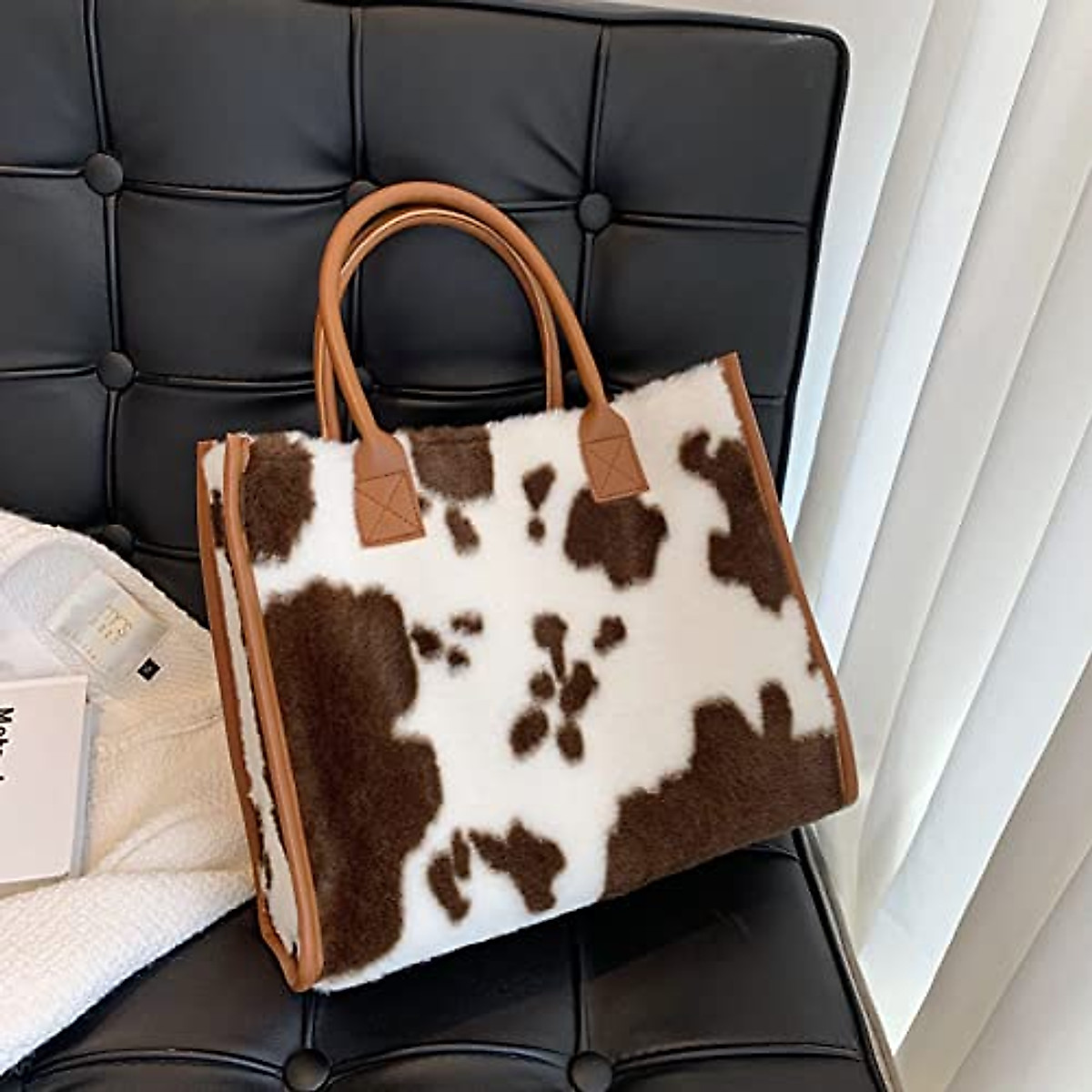 Fashion Women PU Leather Plush Animal Pattern Print Handbag Autumn Winter Casual Large Capacity Tote Bags