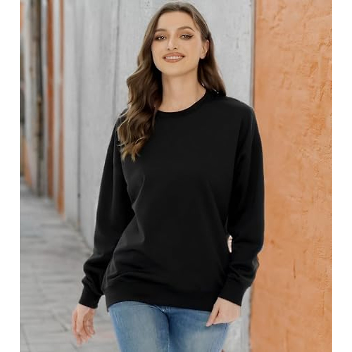 CAMNOW Crewneck Sweatshirt Women Crew Neck Sweatshirts Womens Fashion Oversized Loose Fit No Hood Trendy Sudaderas Para Mujer Black