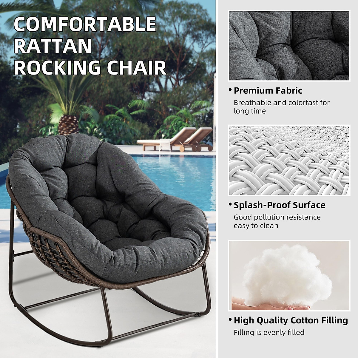 QQU Patio Rocking Chairs Indoor & Outdoor, Wicker Rocker Chairs with Padded Cushion, All-Weather Rattan Chair with Steel Frame, Modern Lounge Egg Chair, Front Porch, Backyard,Grey