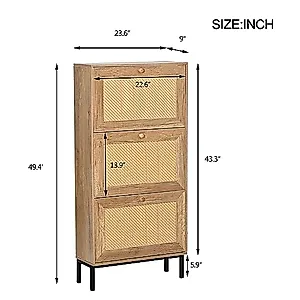 BouPower 3 Flip Drawer Shoe Cabinet,Natural Rattan Shoe Cabinet for Entryway Slim,Boho Shoe Cabinet for Entryway Hallway Bedroom Mudroom 23.6"" L×9"" W×49.4"" H