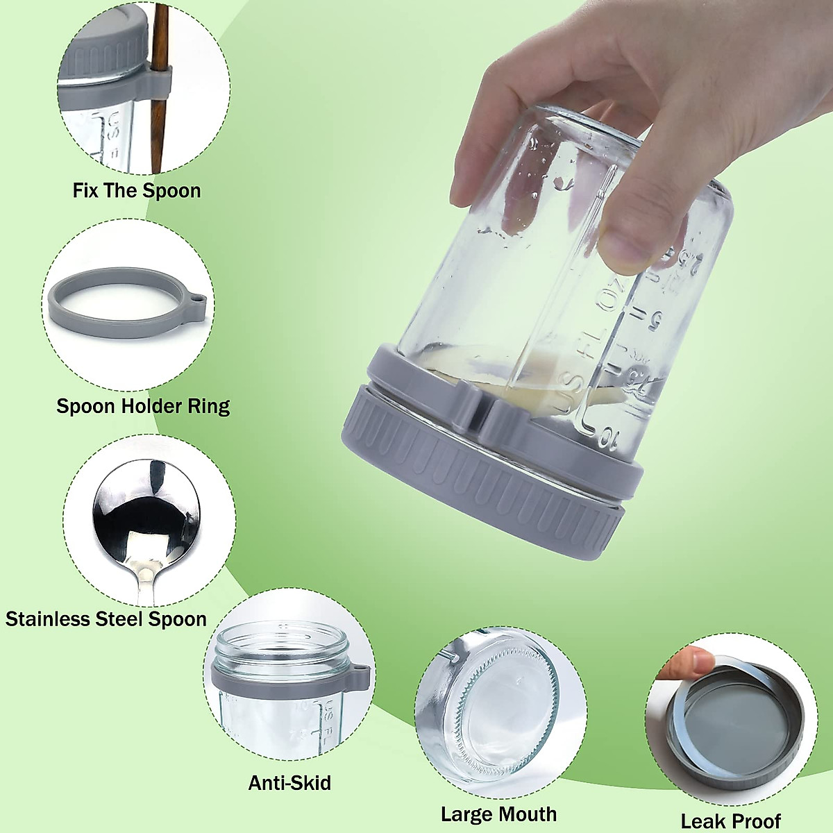 LEFIMOT Overnight Oats Containers with Lids, Spoons, 4 Pack Oats Jars 12 oz Reusable Large Capacity Airtight Oatmeal Container with Measurement Marks for Cereal Yogurt, Milk, Salads, Fruit(Grey)