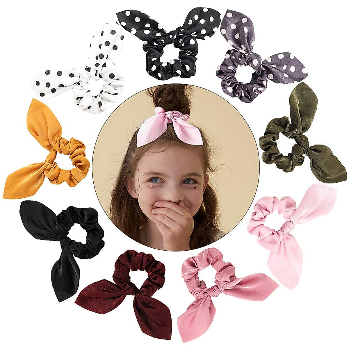 Scrunchies Hair Ties Silk Satin Scrunchy - Cute Bow Bunny Ear Hair Elastic Ponytail Holder Bobbles Soft Elegant Elastic Hair Bands with Tail Ribbon