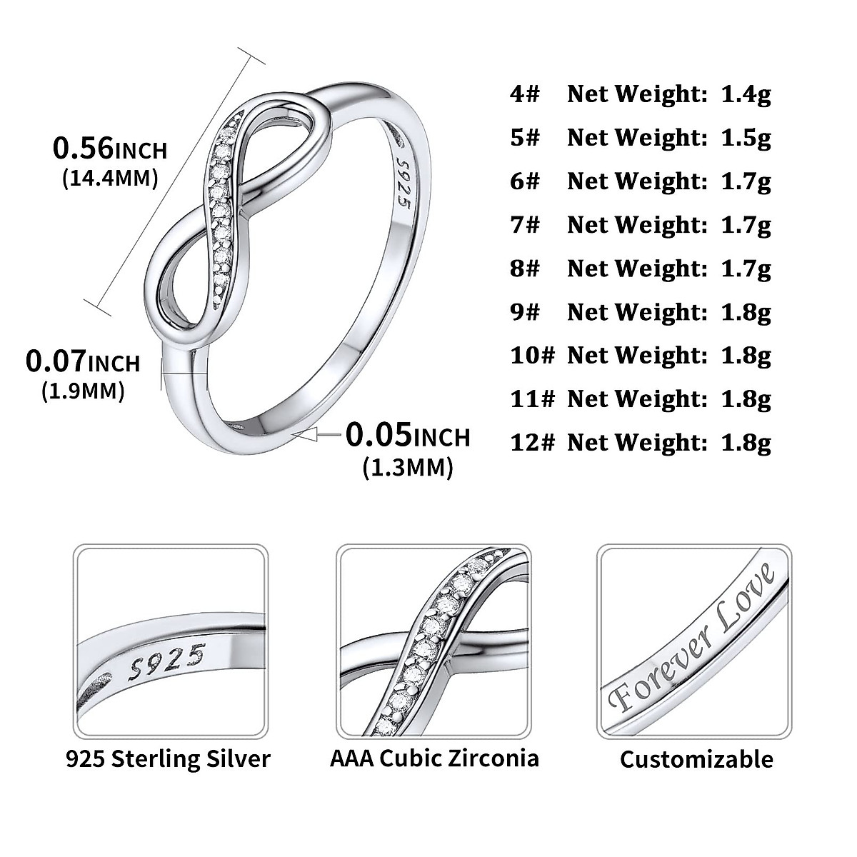 ChicSilver 925 Sterling Silver Ring Cubic Zirconia Cz Infinity Knot Rings for Women Eternity Wedding Band Promise Rings Size 12