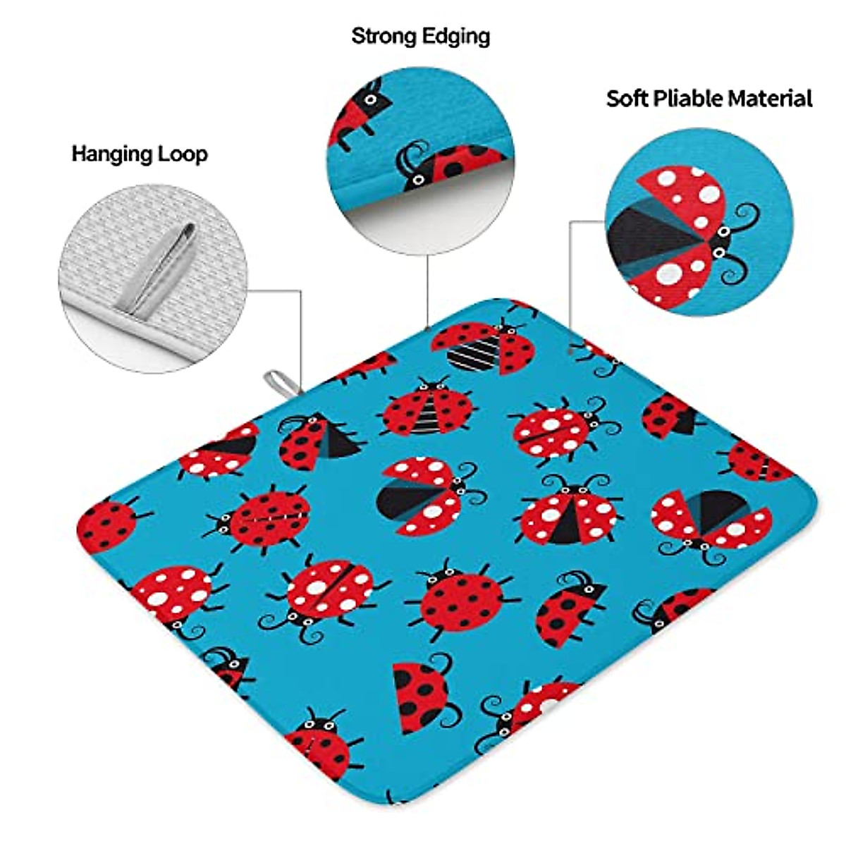 Dish Drying Mat for Kitchen Counter Absorbent Quick Drying Mat, Cute Ladybug Red Black Carapace Insect Dense Animal Blue Microfiber Drying Pad Countertop Protector, Easy to Hang- 16 x 18