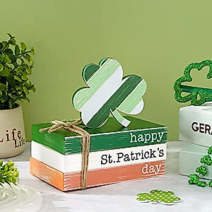 Whaline St. Patrick's Day Wooden Tiered Tray Decor Faux Decorative Stacked Books Bundle Happy St. Patrick's Day Wooden Block Sign with Shamrock for Irish Holiday Kitchen Home Table Decor
