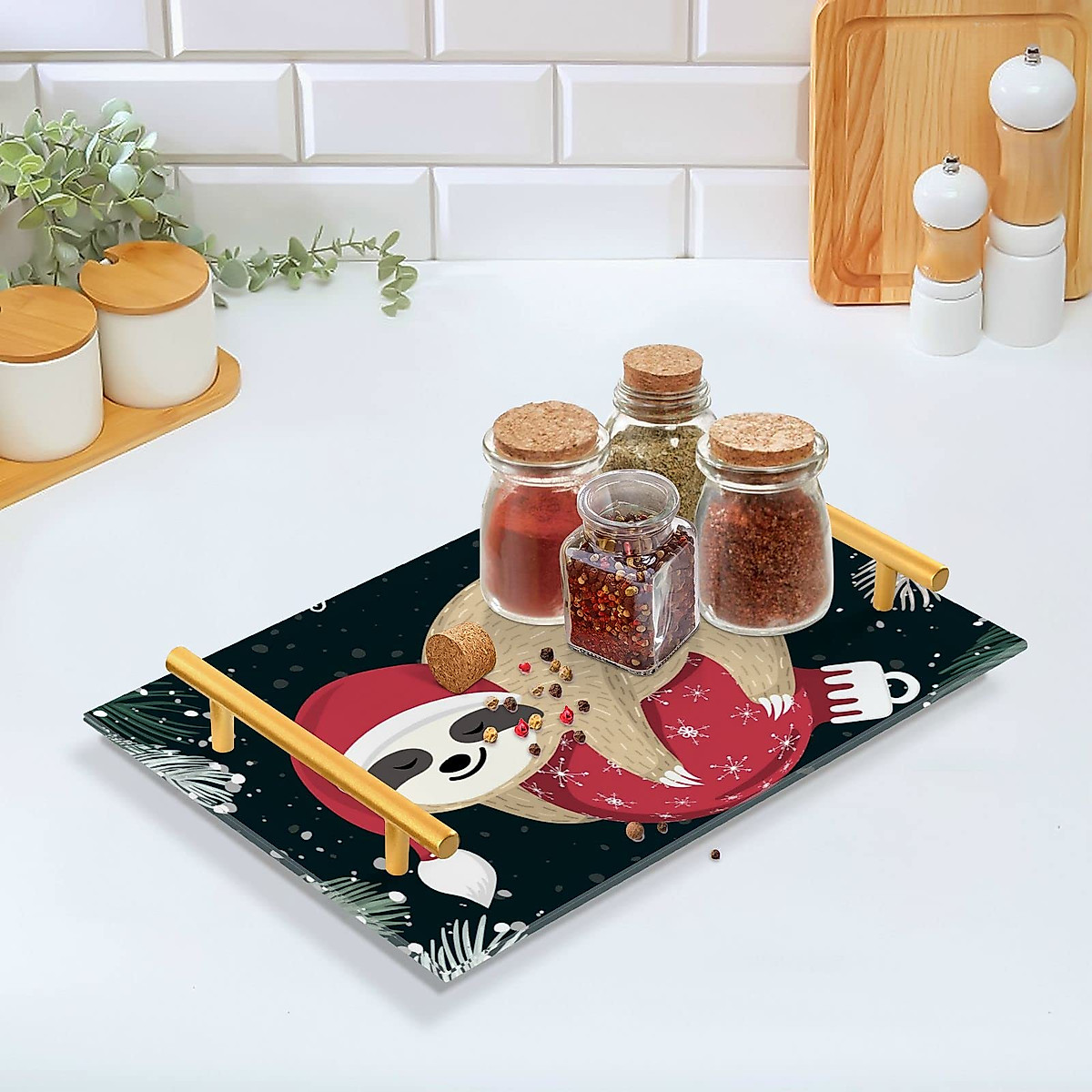 Cute Sloth Christmas Bathroom Tray Perfume Organizer Serving Tray with Gold Handles Coffee Table Trays Decorative Tray for Bathroom,Ceramic Kitchen Soap Tray