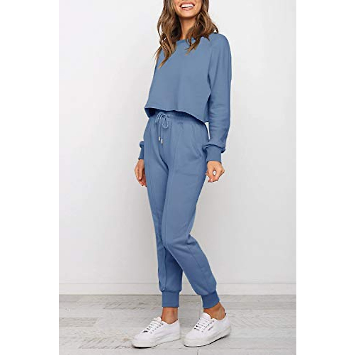 ZESICA Women's Long Sleeve Crop Top and Pants Pajama Sets 2 Piece Jogger Long Sleepwear Loungewear Pjs Sets,Blue,Large