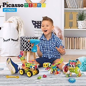 PicassoTiles STEM Learning Toys 250 Piece Building Block Kids Construction Engineering Kit Toy Blocks Children Early Education Playset w/Free IdeaBook, Power Drill, Clickable Ratchet, Age 3+ PTN250