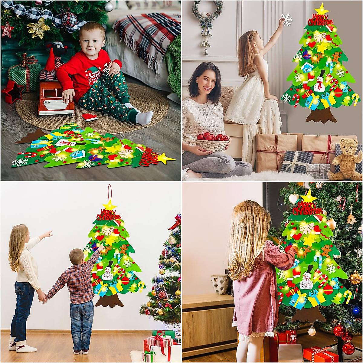 Felt Christmas Tree for Toddlers - 3.3 FT Felt DIY Tree for Kids Wall with Snowflake Lights + 32 Ornaments, Christmas Indoor Home Decorations, Kids Toddler