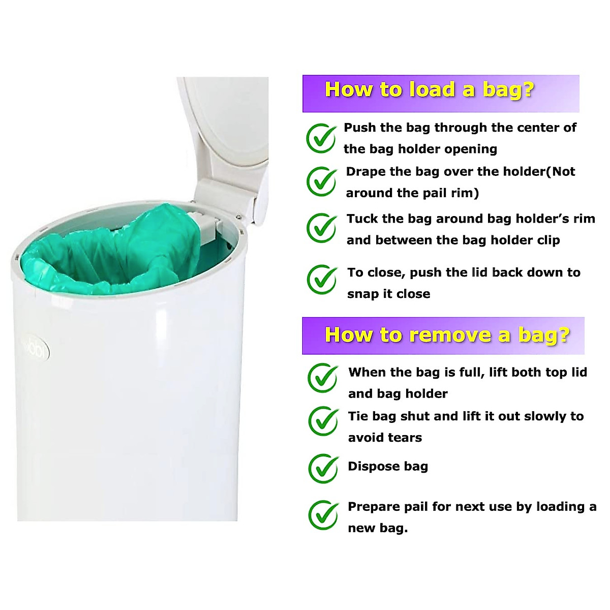 Disposable Diaper Pail Refill Plastic Bag (120 count) Compatible with Ubbi Diaper Bag Pail 13 Gallon Capacity Green Eco-friendly Diaper Pail Bag (120 ct., Lavender Scented)