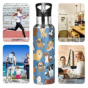 Puppy Dog Blue Water Bottle with Straw Lid Thermos Kids Insulated Stainless Steel Water Flask Sports, 20 Oz Hot Cold