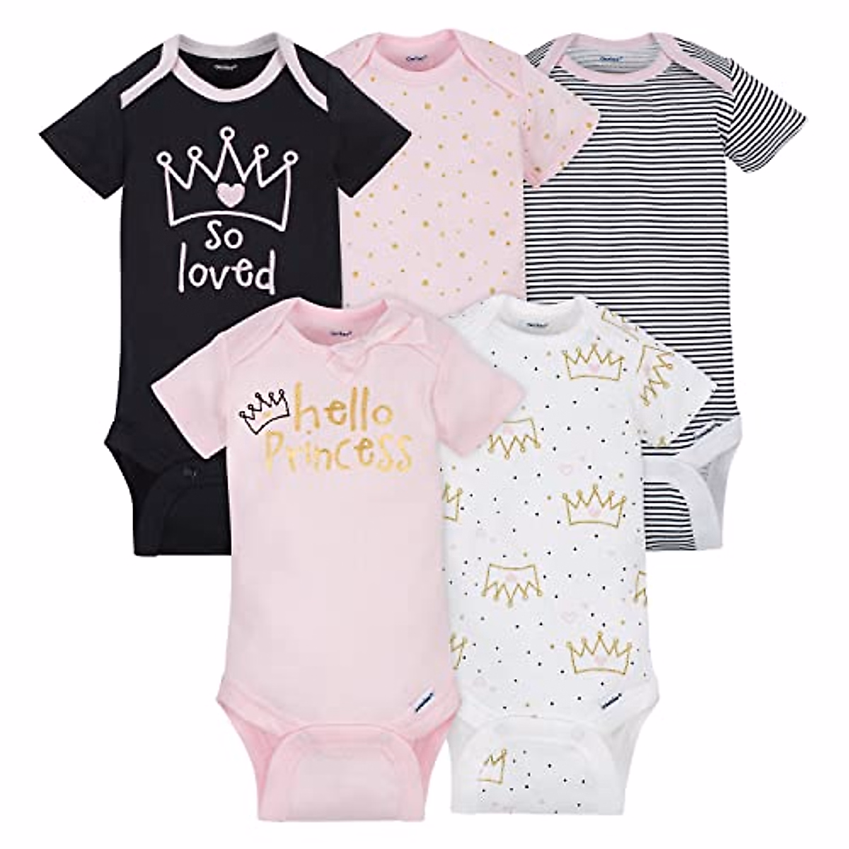 Gerber Baby Girls 5-Pack Short Sleeve Variety Onesies Bodysuits, Princess Crown, 0-3 Months