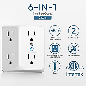 LENCENT Multi Plug 6 Outlet Extender, 2 Pack Surge Protector Wall tap, Power Strip 3-Side Widely Spaced Adapter Multiple Charger Expander, Mountable Wall Splitter for Home Travel Office, ETL Listed