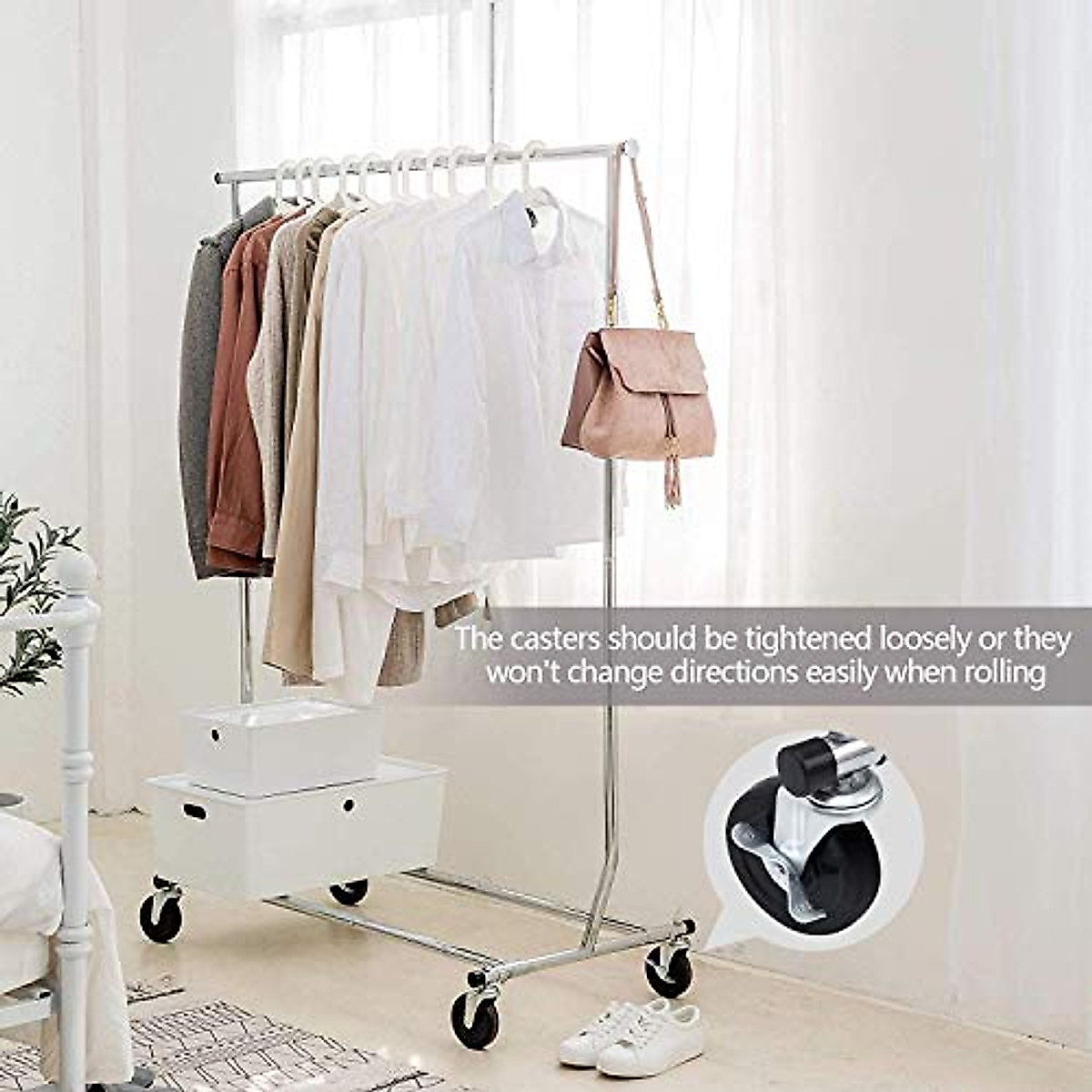 Camabel Clothing Garment Rack Capacity 300 lbs Heavy Duty Adjustable Rolling Moveable Commercial Grade Steel Extendable hanging drying High Chrome With Brake Metal Shelf on with Wheels for Boxes BG384