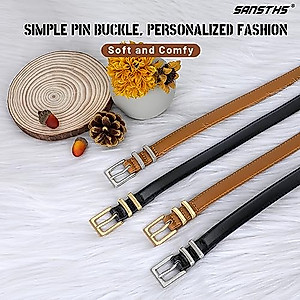 SANSTHS 2 Pack Women Thin Skinny Faux Leather Belt Waist Belt with Metal Pin Buckle for Dress Jeans, Black Brown M