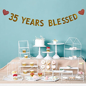 Betteryanzi Gold 35 Years Blessed Banner,Pre-strung,35th Birthday / Wedding Anniversary Party Decorations Supplies,Gold Glitter Paper Garlands Backdrops,Letters Gold 35 YEARS BLESSED