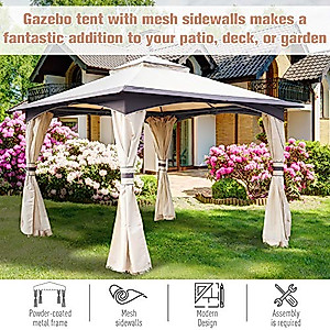 Outsunny 10' x 10' Outdoor Gazebo with Mesh Netting Sidewalls for Shade and Rain, Patio Gazebo Canopy with 2-Tier Soft Top Roof and Steel Frame for Lawn, Garden, Backyard and Deck