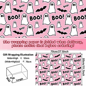 12 Sheets Pink Ghost and Boo Wrapping Paper Halloween Pink Ghost Bat Boo Pattern Wrap Paper Cute Ghost Paper for Happy Boo Day Girls Baby Shower Birthday Party DIY Crafts Gift Wrapping