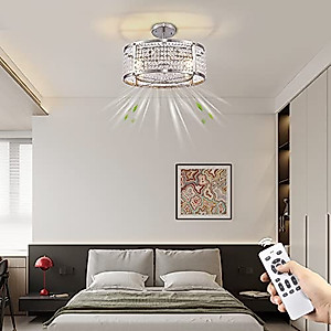 Flush Mount Caged Ceiling Fan with Lights Remote Control, Low Profile Ceiling Fan with Light Small Modern Bladeless Ceiling Fan with Reversible 6 Speeds Motor for Bedroom Dining Room (Brushed Nickel)