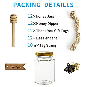 Rormket 12 Pack 4oz Glass Hexagon Honey Jars Golden Lids - Extra Wooden Honey Dipper Sticks, Bee Charms, Tag String, Thank You Gift Tags, Wedding Favors Gifts, Baby Shower Party Canning Jar(Golden)