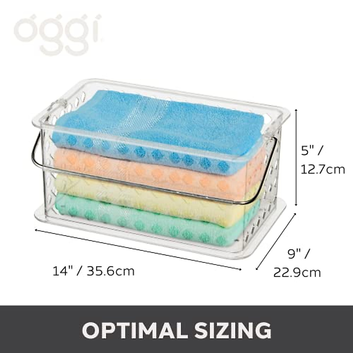 Oggi Clear Stacking Storage Basket with Handle, Large-14"x9"x5"