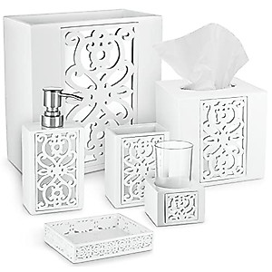 Creative Scents White Bathroom Accessories Set Complete - 6 Piece Bathroom Set Includes: Soap Dispenser, Toothbrush Holder, Tumbler Cup, Soap Dish, Tissue Cover, and Wastebasket Mirror Janette Style