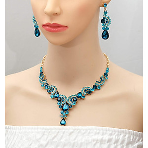 CSY 4 Pcs/Sets Elegant Crystal Necklace Earrings Bracelet Ring Bridal Wedding Costume Jewelry Sets for Brides Women Gifts (gold plated-aquamarine)