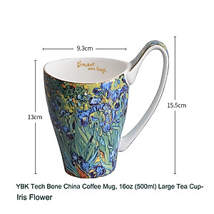 YBK Tech Bone China Coffee Mug, 16oz Large Tea Cup - Design Inspired by Van Gogh's Paintings (Iris flower)