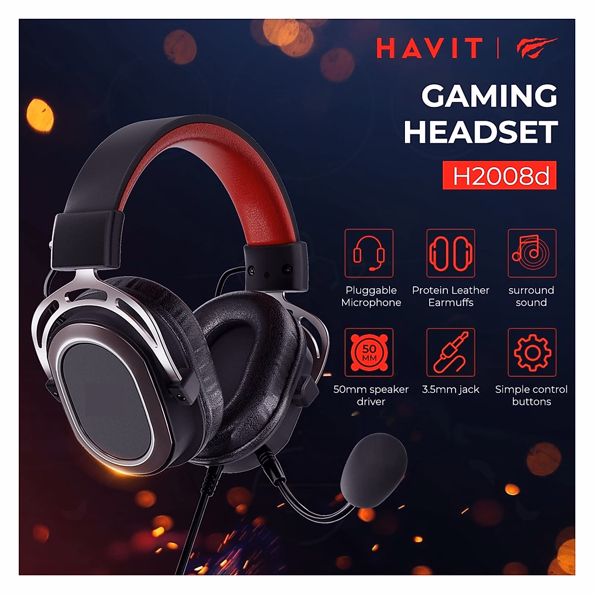 Compatible for HAVIT H2008d Wired Gaming Headset with 3.5mm Plug 50mm Drivers Surround Sound HD Mic Compatible for PS4 PS5 Xbox PC Laptop Gamer Headphone (Color : 7.1 USB and 3.5mm)