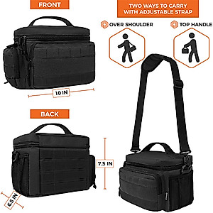 opux Tactical Lunch Box for Men, Insulated Lunch Bag for Men Adult, Large Soft Lunch Cooler with MOLLE Mesh Side Pockets, Heavy Duty Mens Tactical Lunchbox Pail for Work Meal Prep (Black)