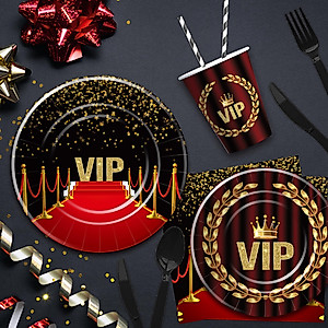 Xenorik VIP Party Decorations Tableware - Movie Star Red Carpet Birthday Party Supplies, Plate, Cup, Napkin, Tablecloth, Cutlery, Film Show VIP Pass Red Carpet Activity Prom Party Supplies | Serve 24