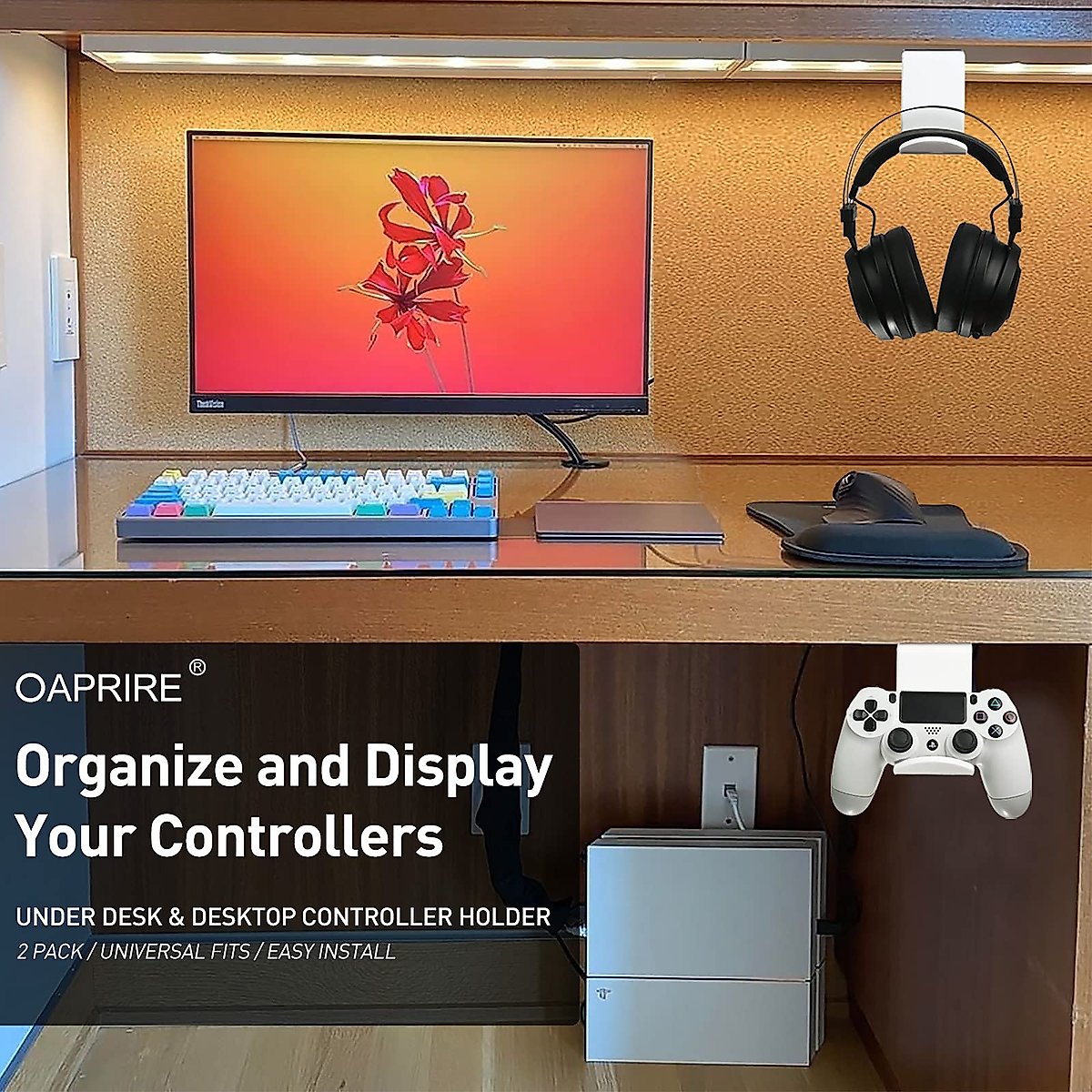 OAPRIRE Under Desk & Desktop Controller Holder Gaming Accessories (2 Pack) for Xbox ONE PS4 PS5 Switch, Universal Controller Stand with Clips (White)