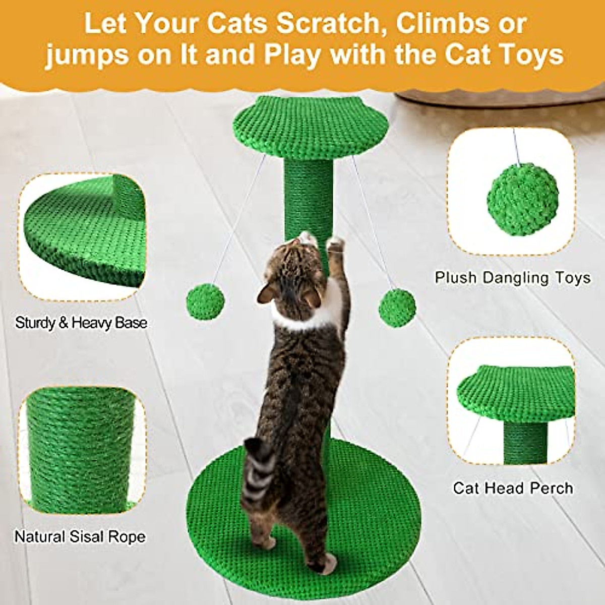 Cat Scratching Post Sisal Cat Tree Cactus Cat Scratcher, Scratching Posts for Indoor Cats Kitten, Cute Tall Cat Scratch Post with Perch to Protect Furniture, 2 Dangling Ball Toys, Stable Cat Stand