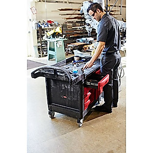 Rubbermaid Commercial Products Trademaster 4 Drawer Mobile Work Center with Cabinet, 49 inch L x 27 inch W x 28 inch H, Black/Red (FG453388BLA)